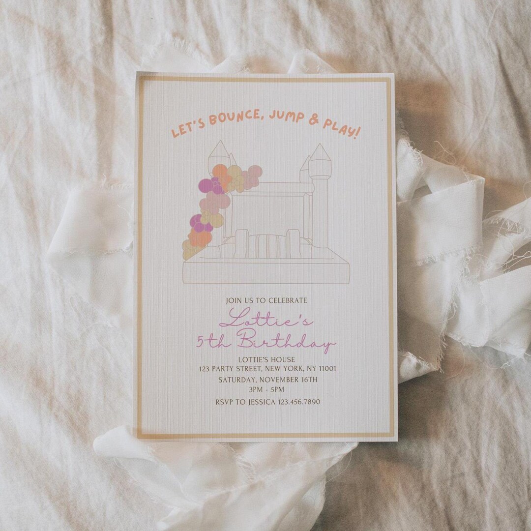 Editable Bounce House Birthday Invitation, White Bounce Castle, Pastel ...