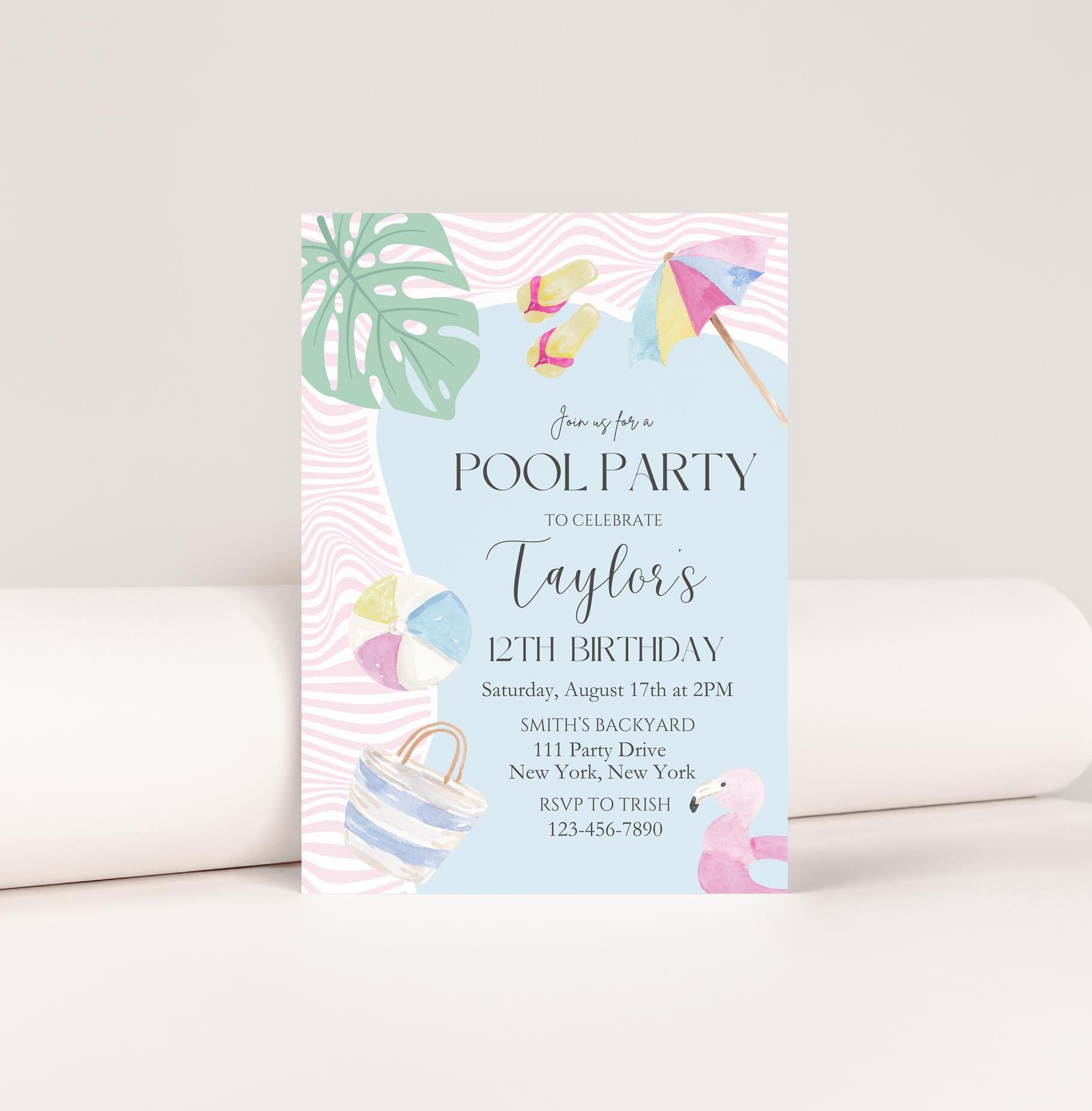 Editable Pool Party Invitation, Girl Pool Birthday Party, Pastel ...