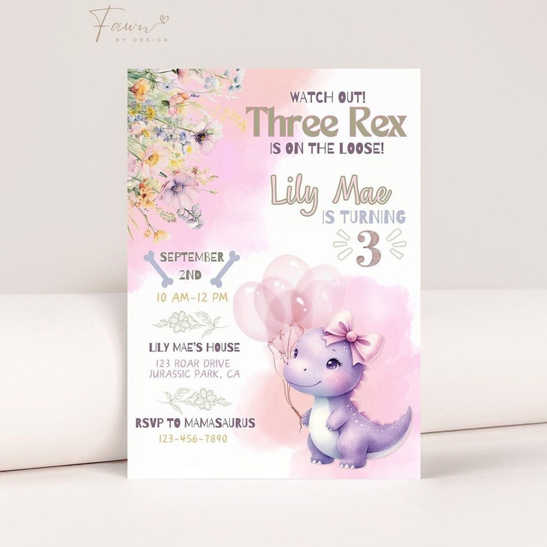 Editable Three Rex Invitation Girl, Pink Dinosaur Birthday Invitation ...