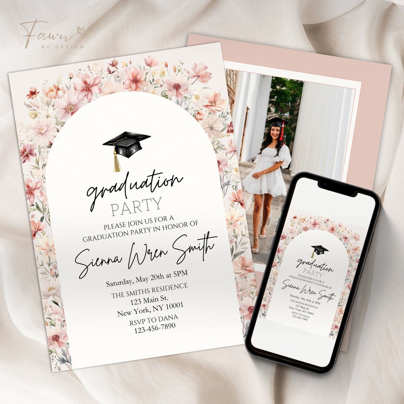 Editable Pink Floral Graduation Invitation, Floral Graduation ...