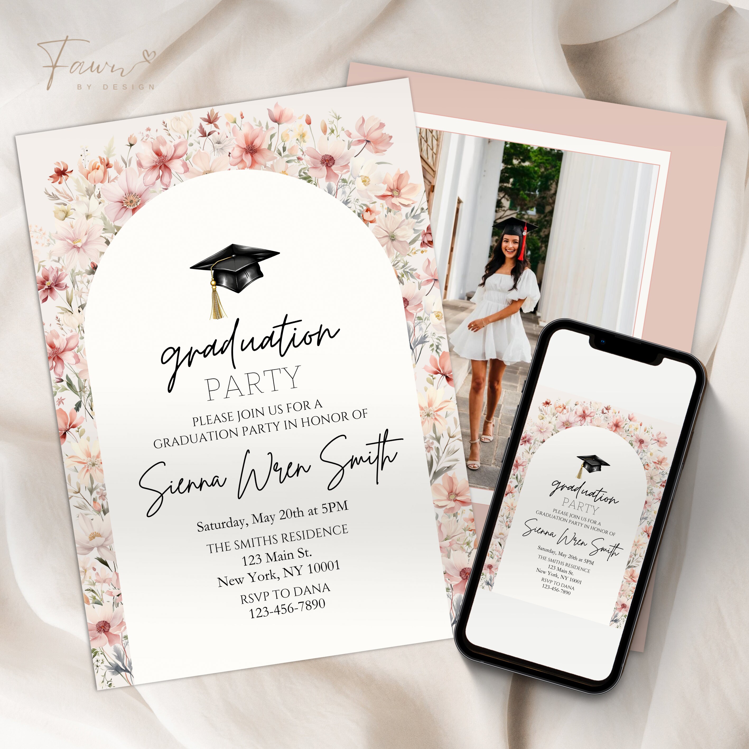Editable Pink Floral Graduation Invitation, Floral Graduation ...