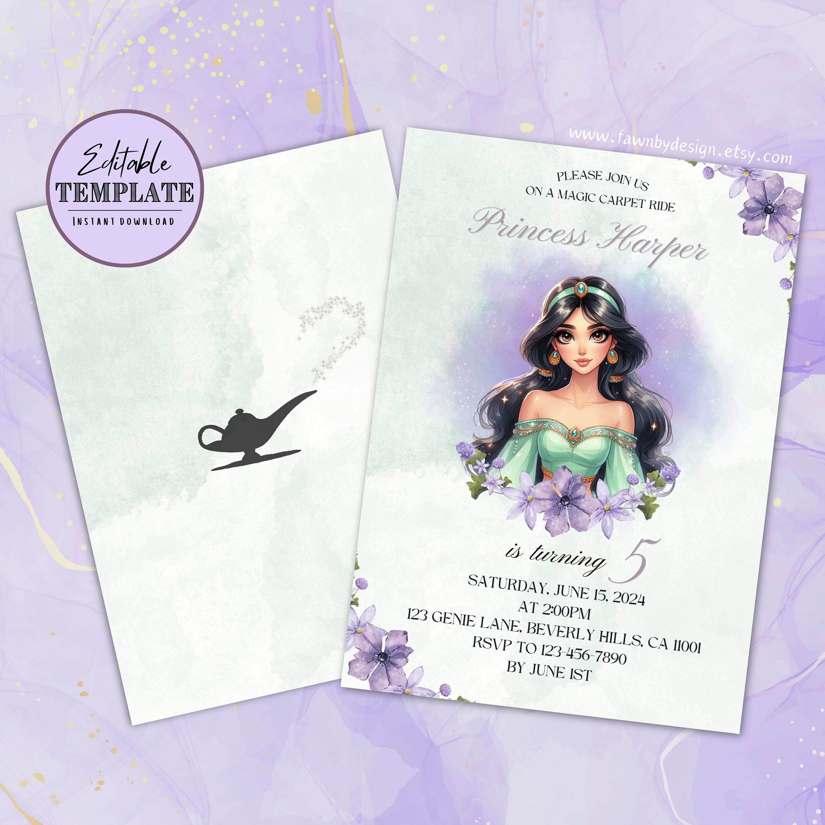 Editable Princess Jasmine Invitation, Princess Watercolor Birthday ...