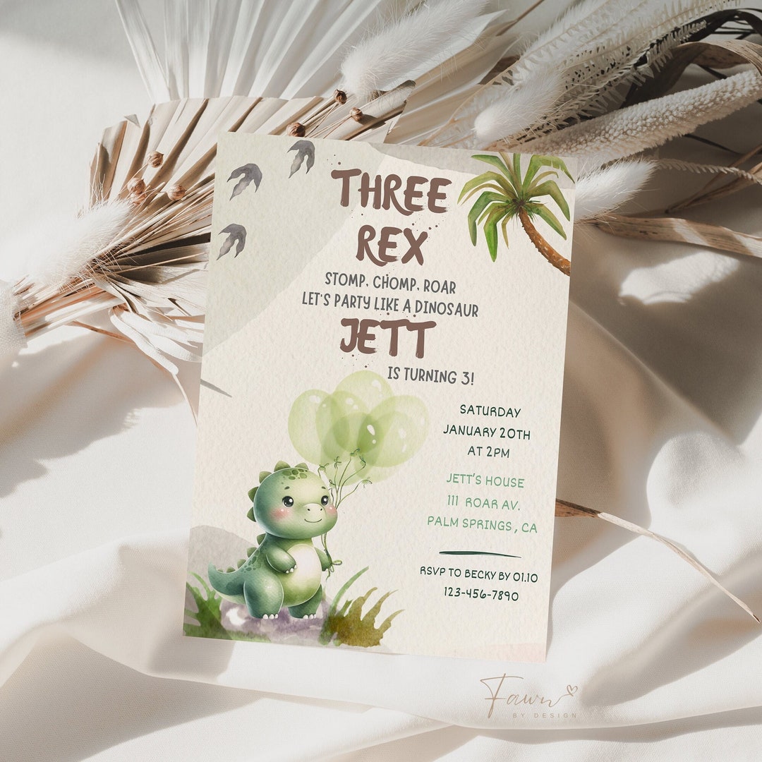 Editable Three Rex Neutral Invitation, Dinosaur Boy Invitation,three ...
