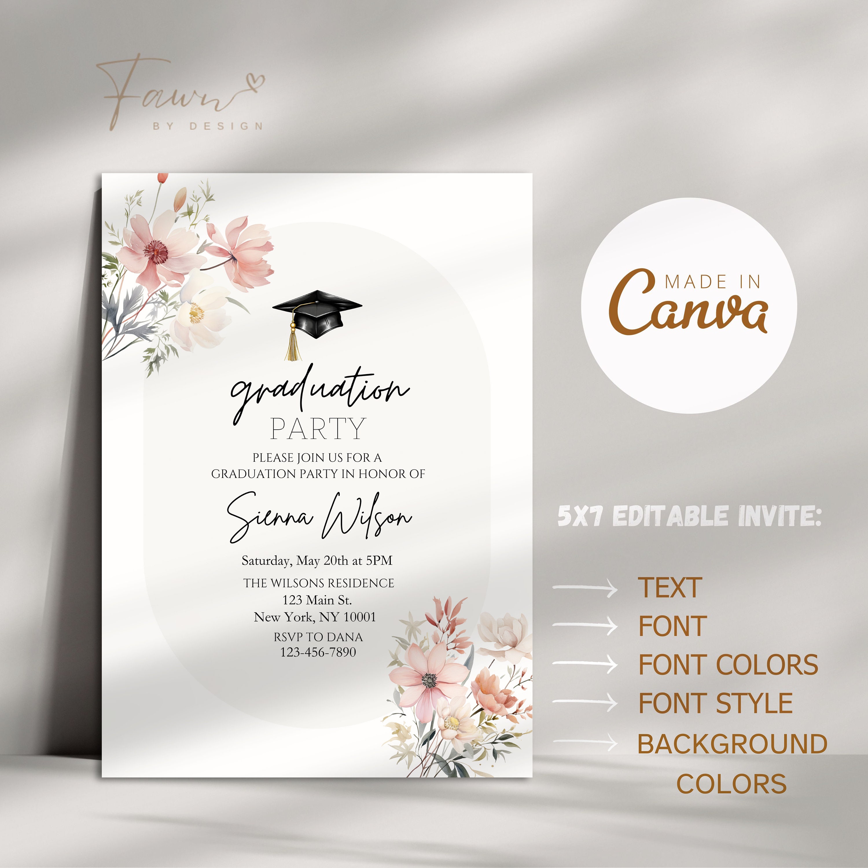 Editable Soft Floral Graduation Invitation, Graduation Announcement ...