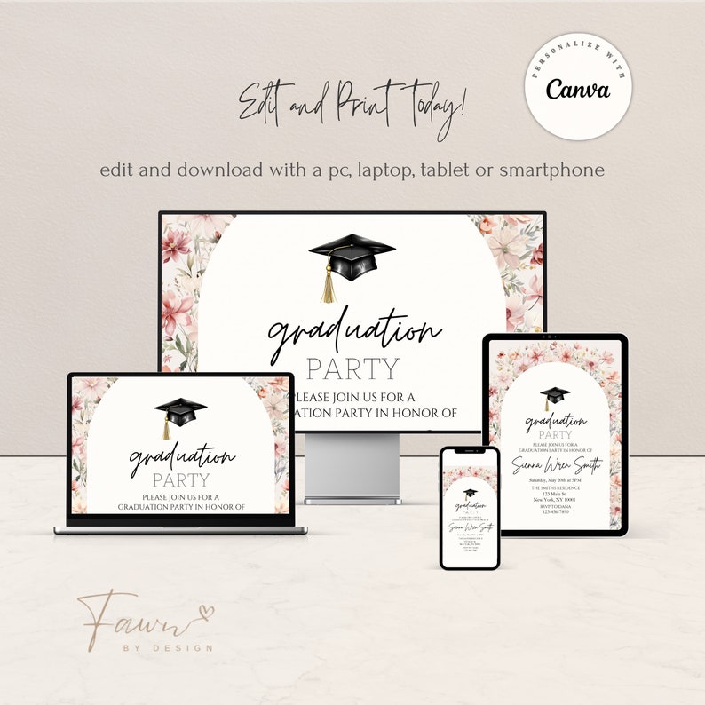 Editable Pink Floral Graduation Invitation, Floral Graduation ...