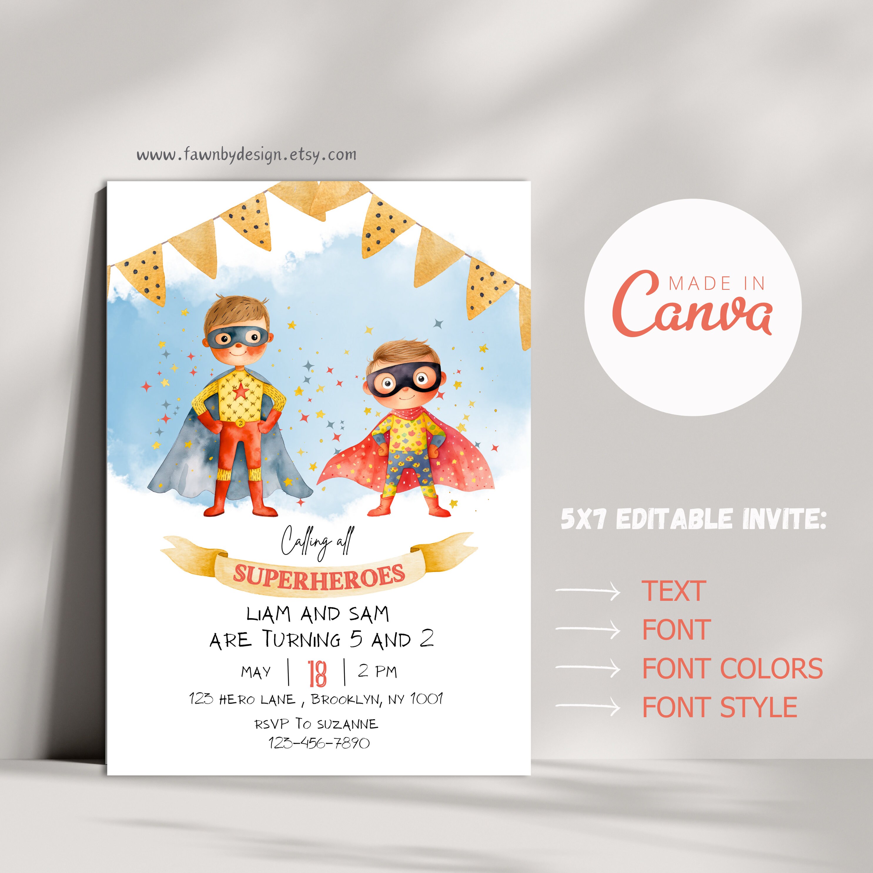 Editable SUPERHERO SIBLING BIRTHDAY Invite, Boy Superhero Invitation ...