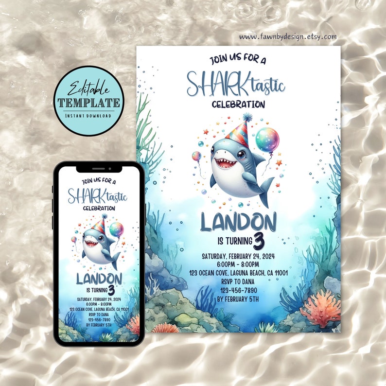 Editable Shark Invitation, Shark Birthday Invitation Boy, Shark ...