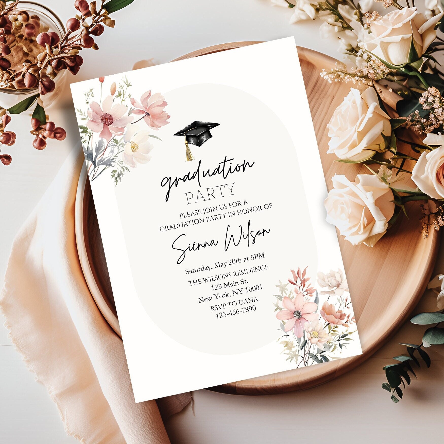 Editable Soft Floral Graduation Invitation, Graduation Announcement ...