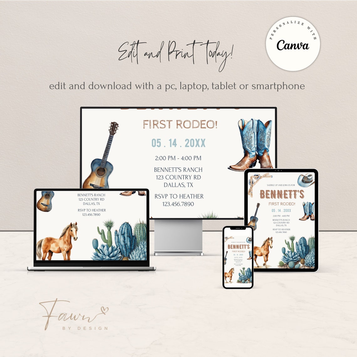 Editable First Rodeo Birthday Invitation Template, Cowboy Birthday ...