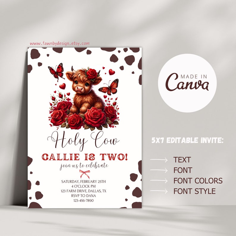 Editable Cow Birthday Invitation. Holy Cow I'm Two. Little Cow. Floral ...