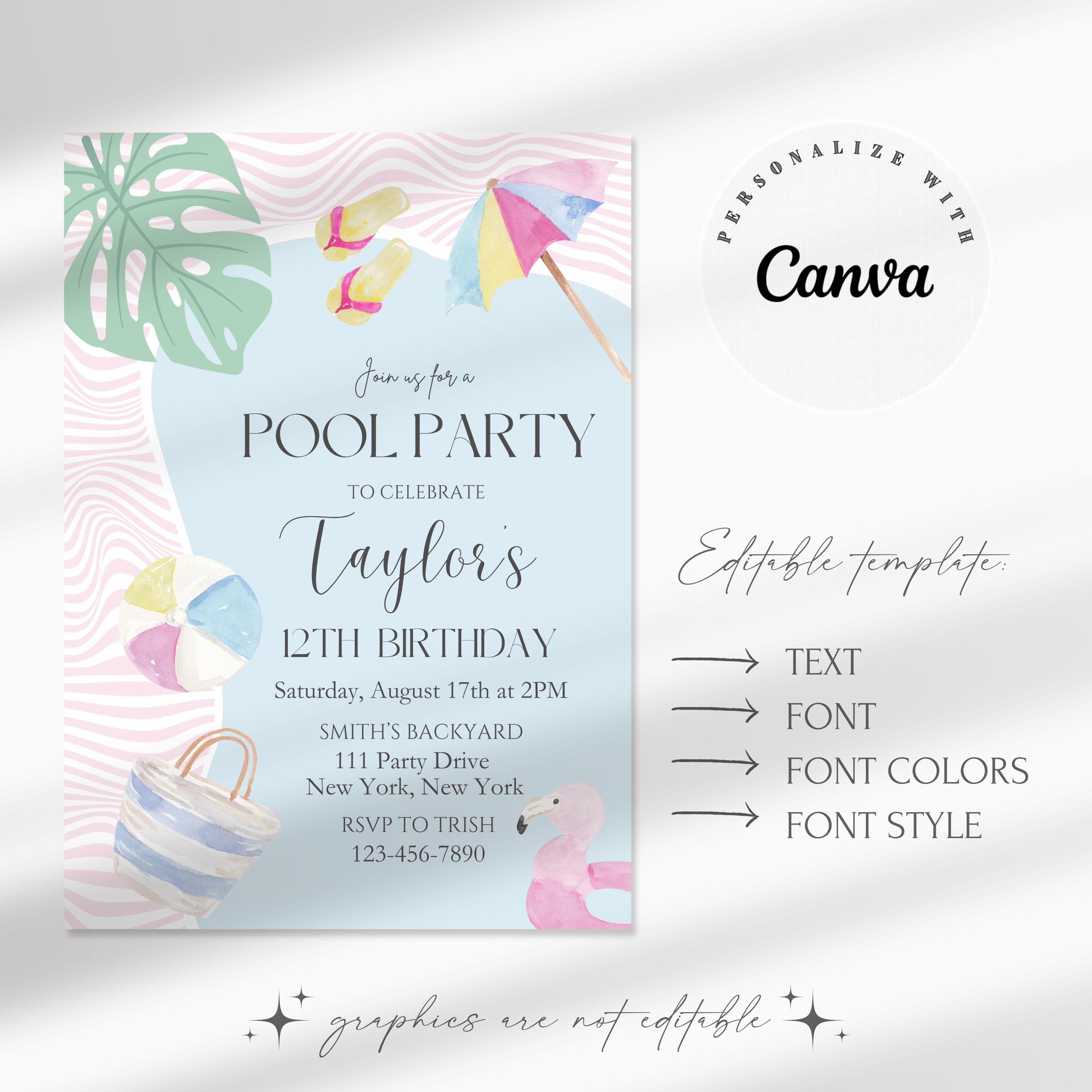 Editable Pool Party Invitation, Girl Pool Birthday Party, Pastel ...