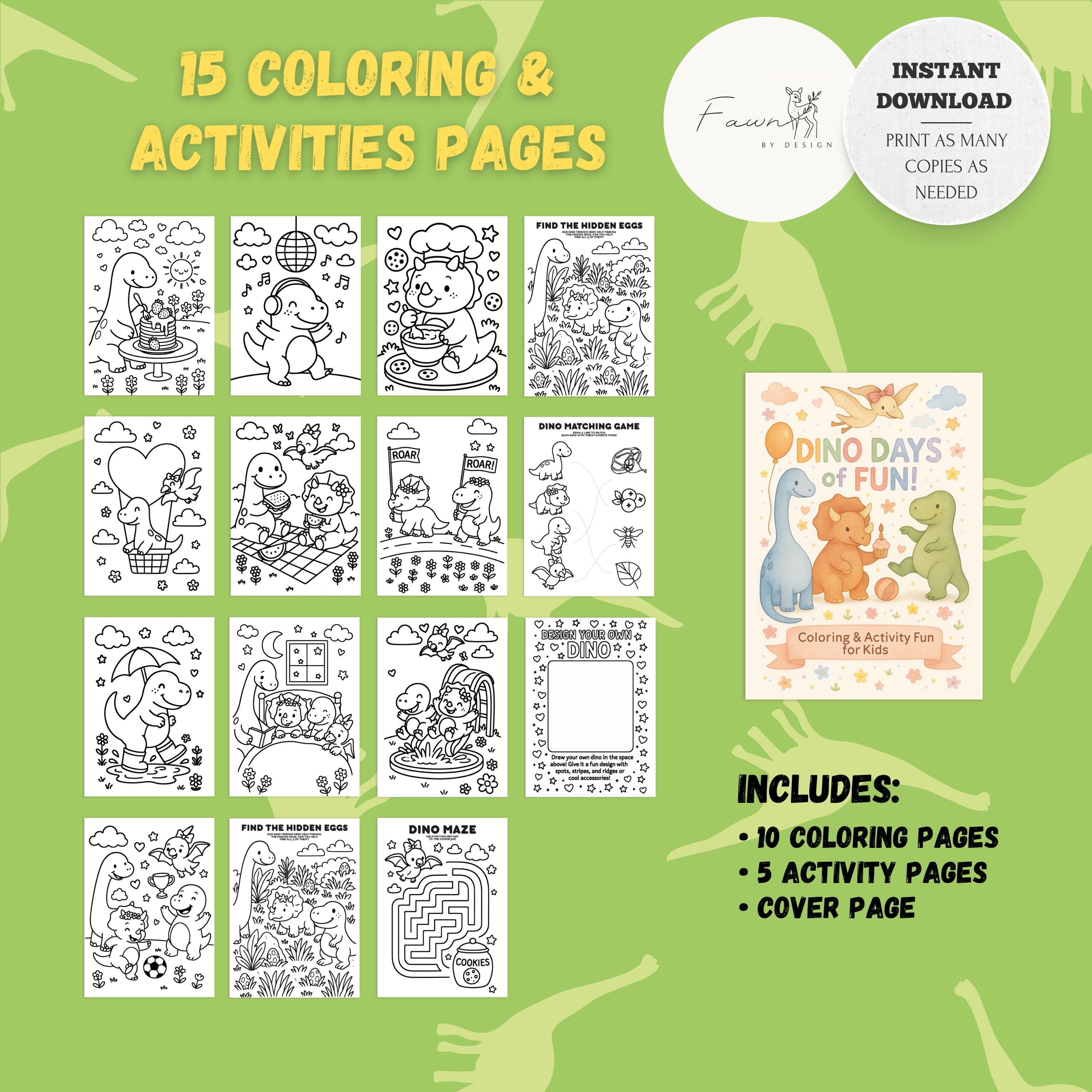 Printable Dinosaur Coloring & Activity Book | 15 Dinosaur Pages | Cute ...