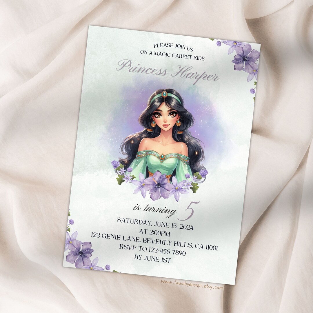 Editable Princess Jasmine Invitation, Princess Watercolor Birthday ...