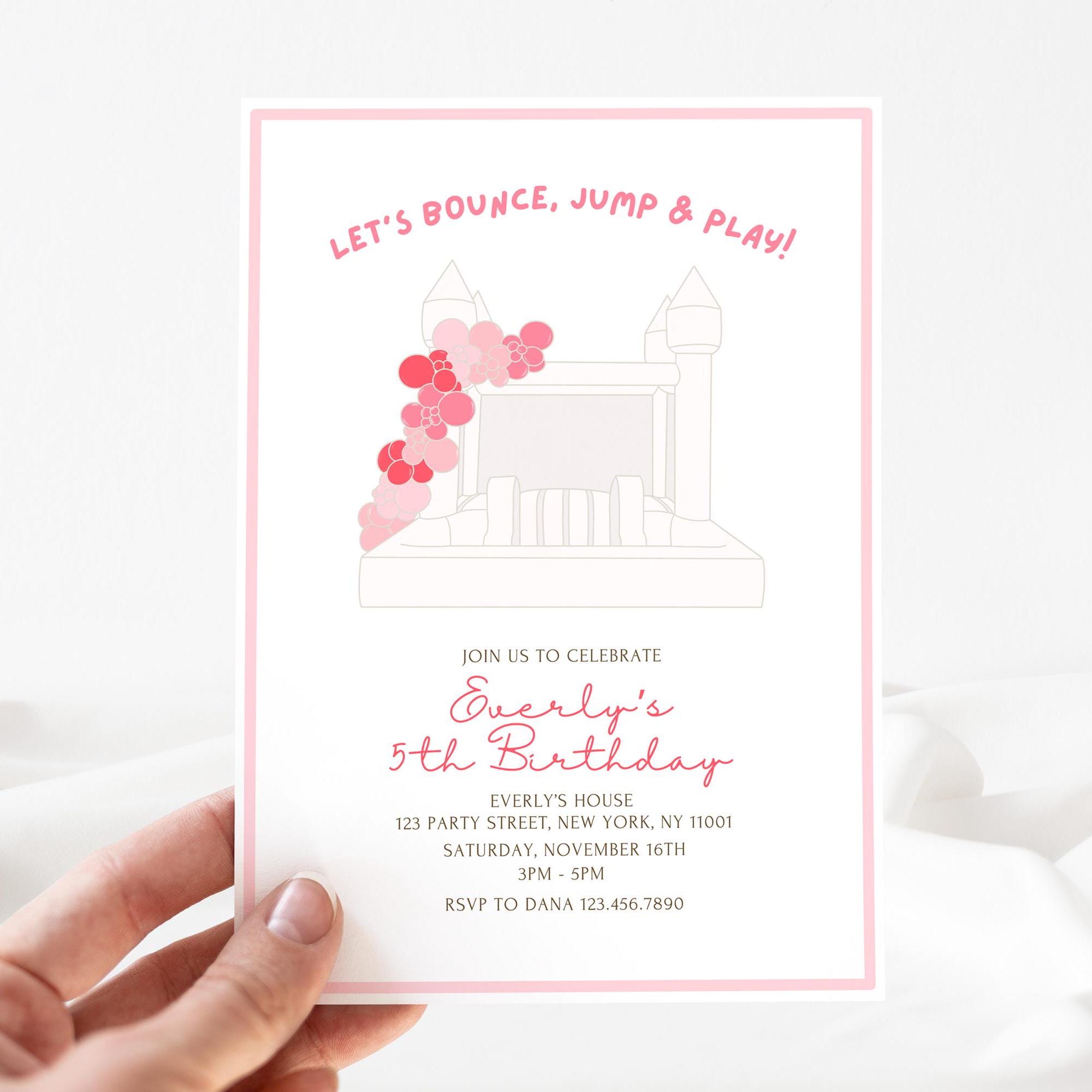 Editable Bounce House Birthday Invitation, White Bouncy Castle, Pink ...