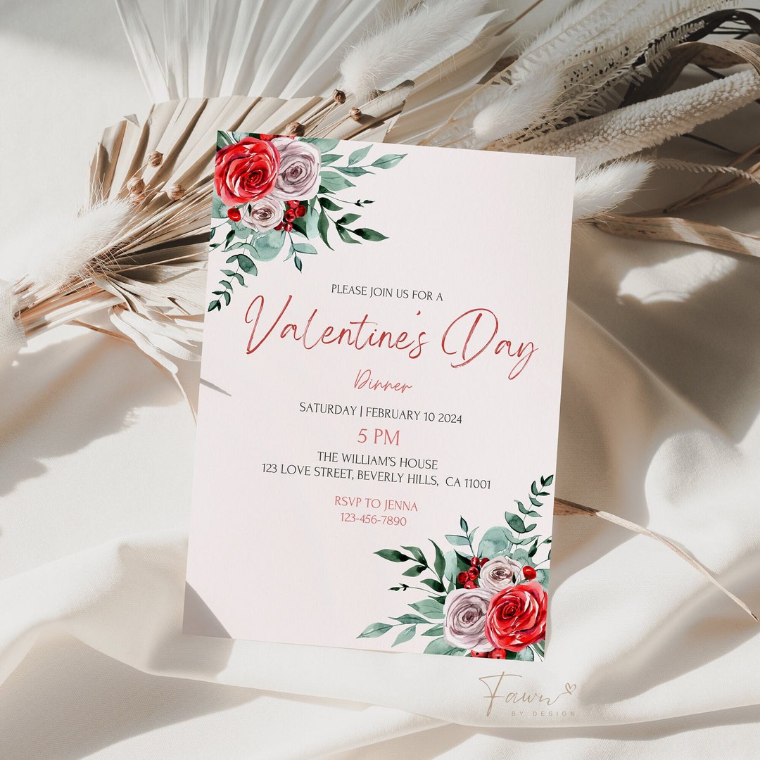 Editable Valentines Day Pink and Red Flowers Invitation, Floral ...