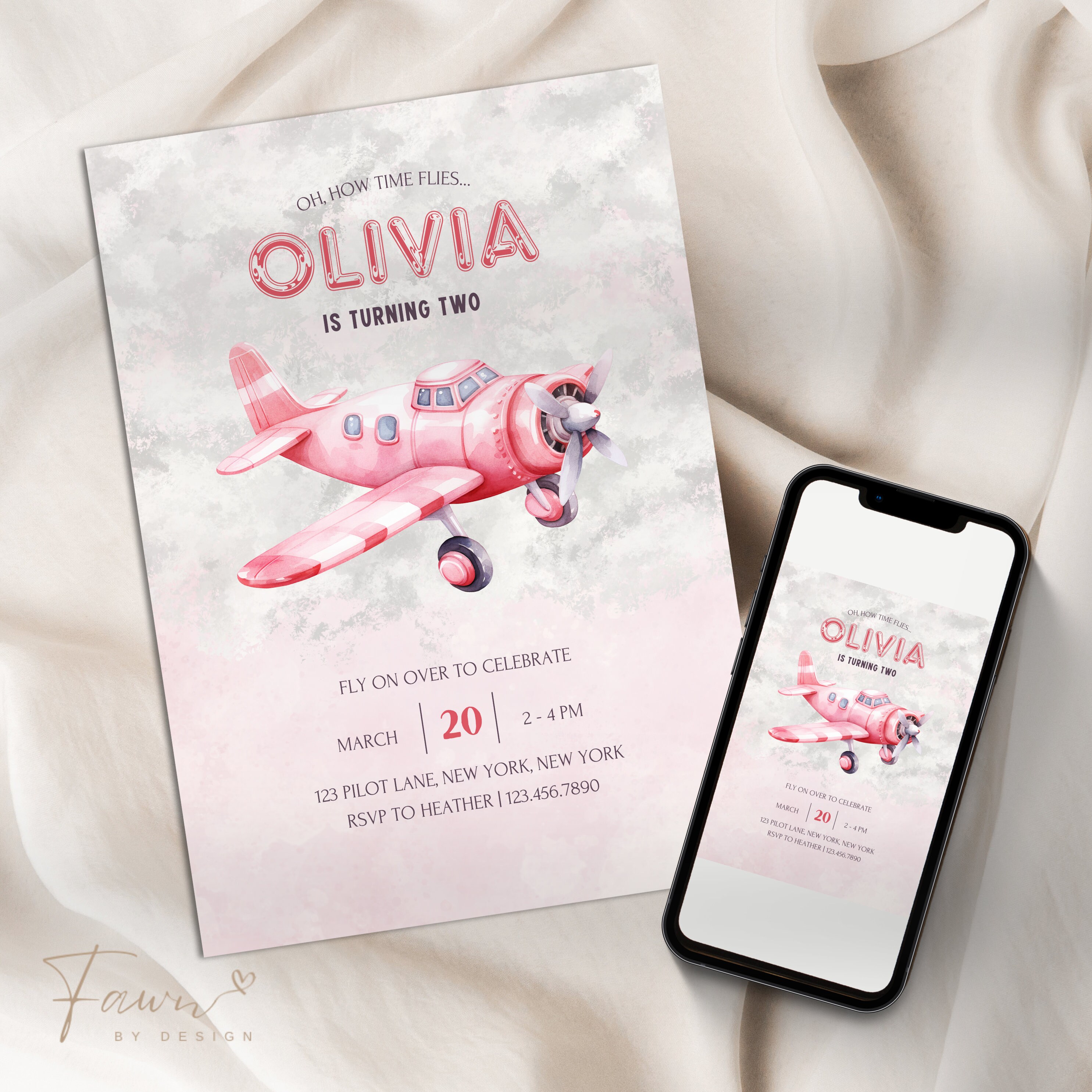 Editable Pink Airplane Birthday Invitation Girl, Plane Birthday ...