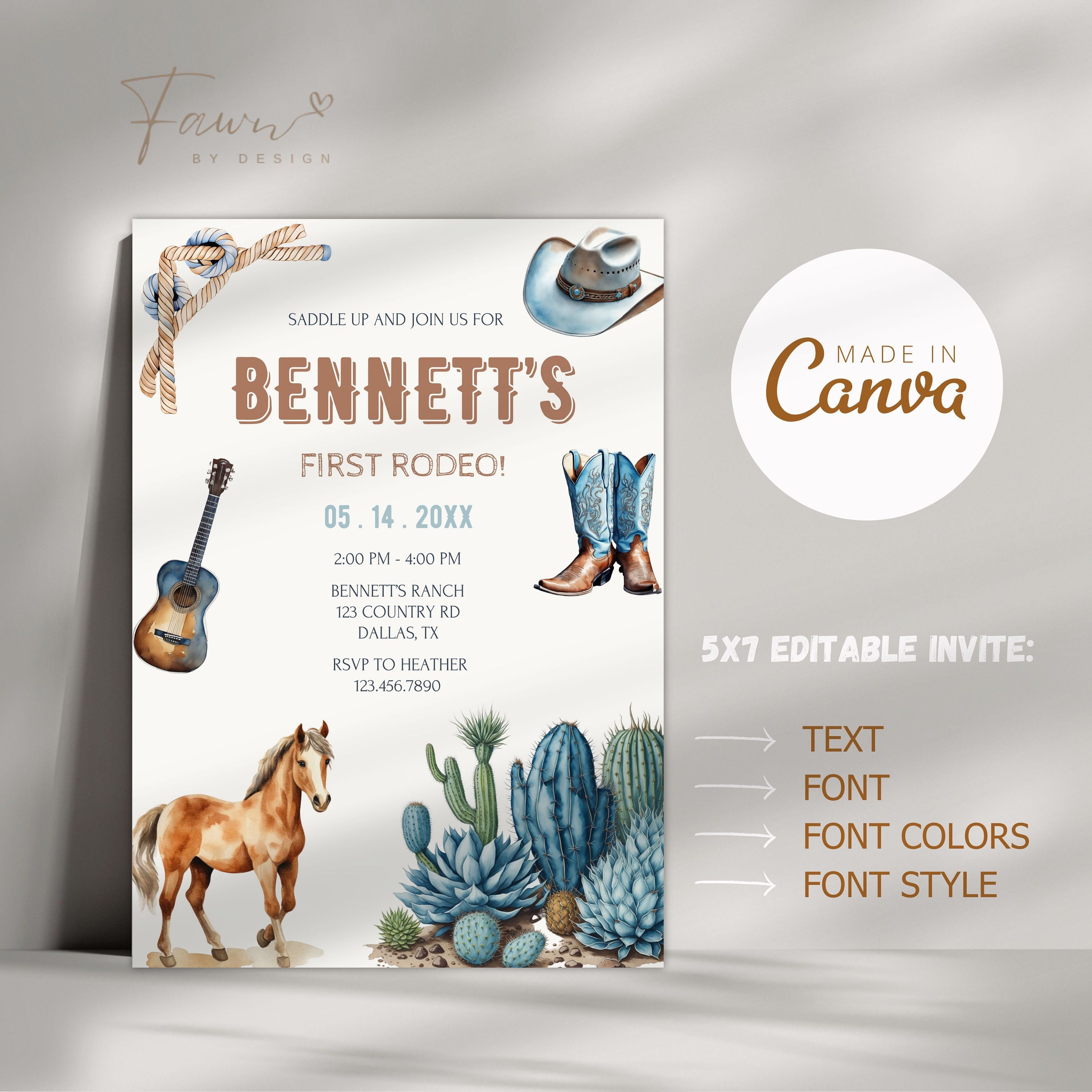 Editable First Rodeo Birthday Invitation Template, Cowboy Birthday ...