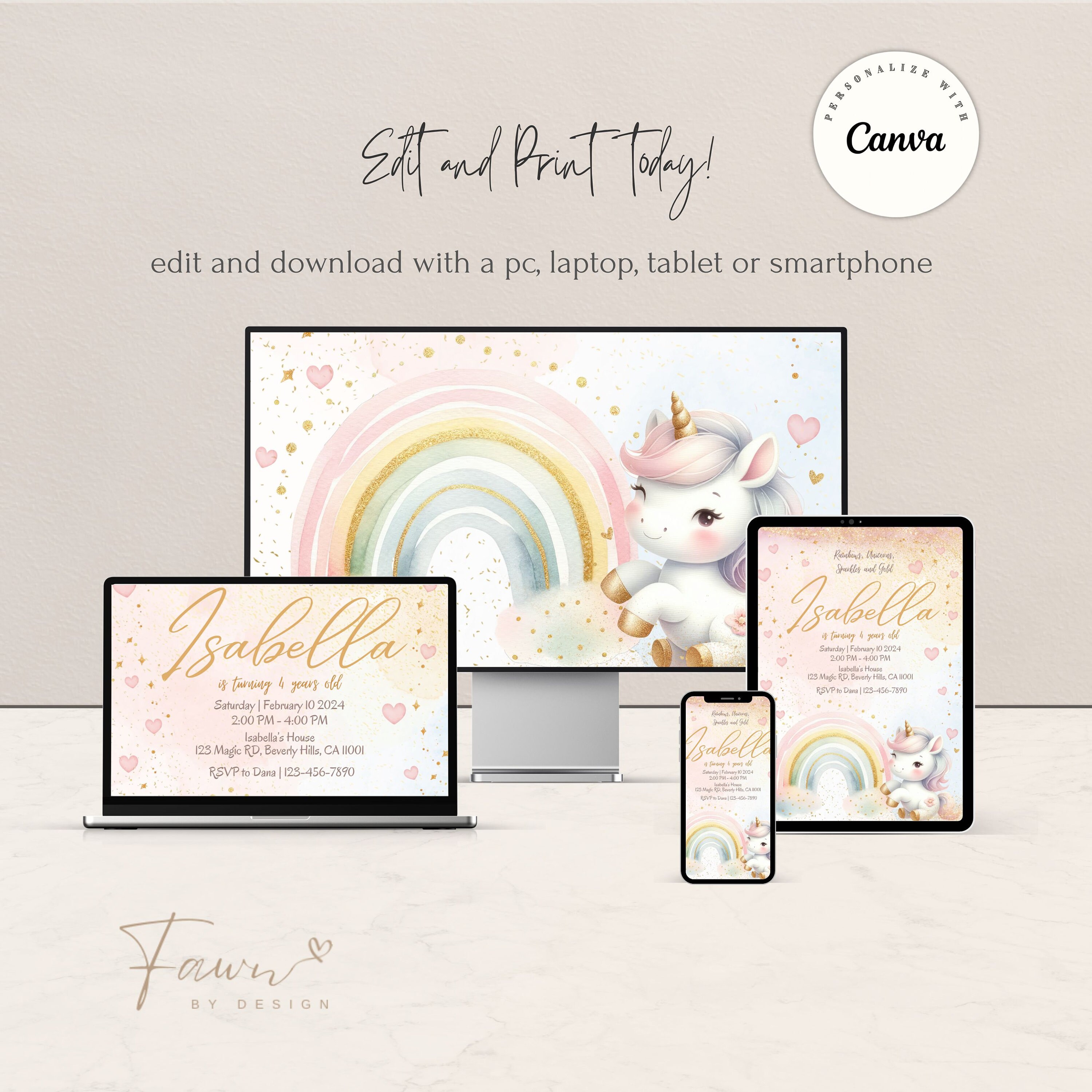 Editable Unicorn Birthday Invitation Template, Unicorns Rainbows ...