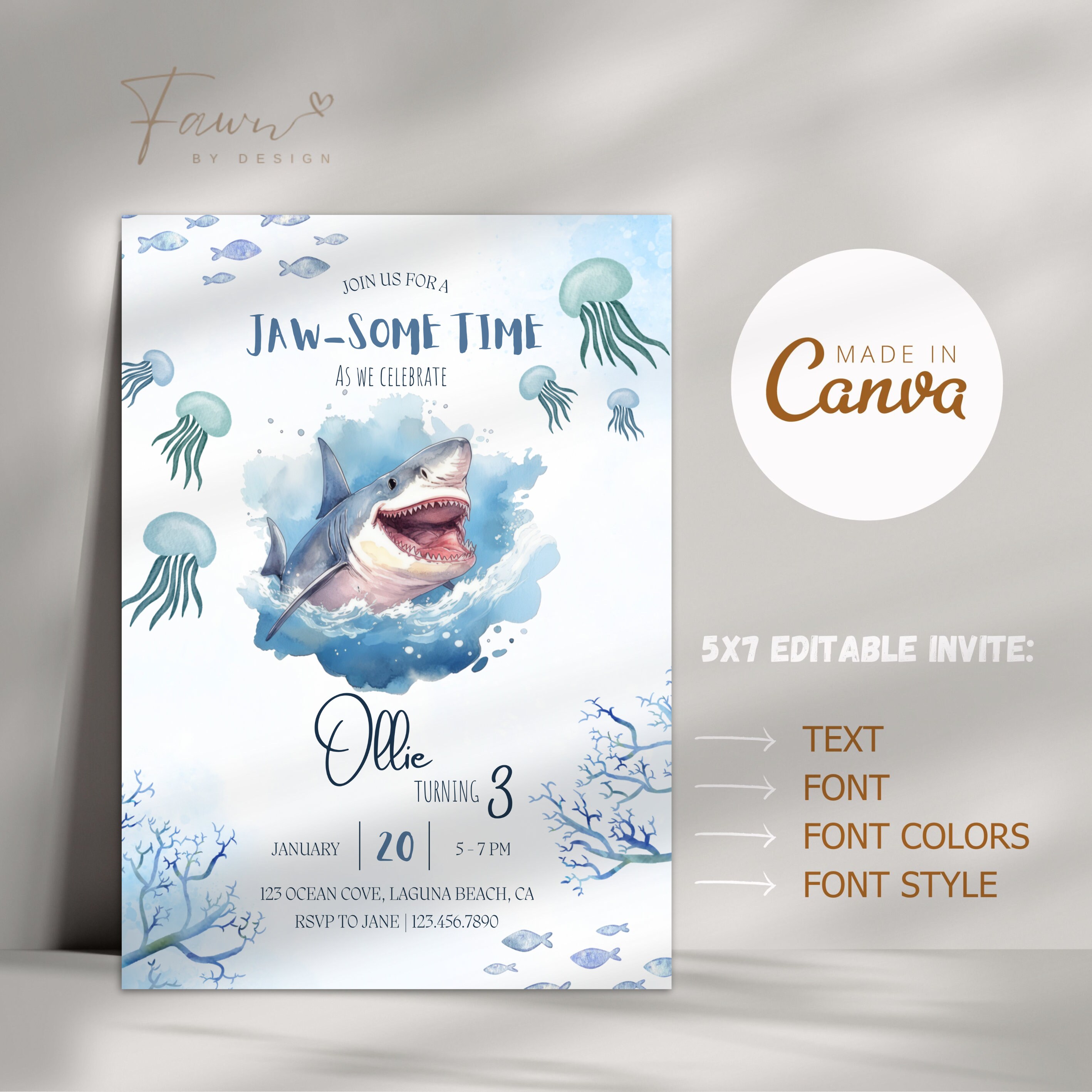 Shark Birthday Invitation: Jawsome Party, Editable Template (digital ...
