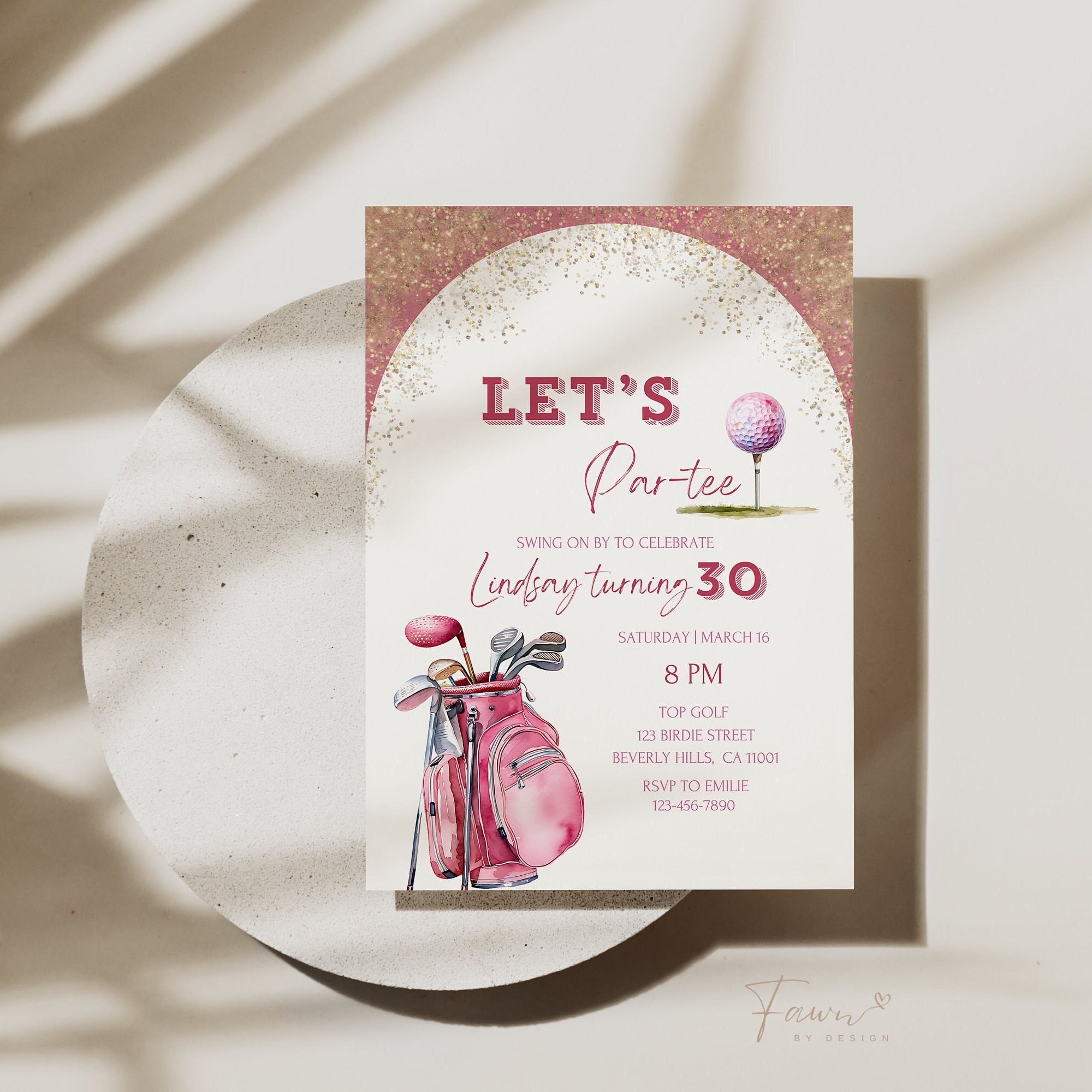Editable Golf Modern Pink Birthday Invitation, Let's Par-tee Adult/kids ...