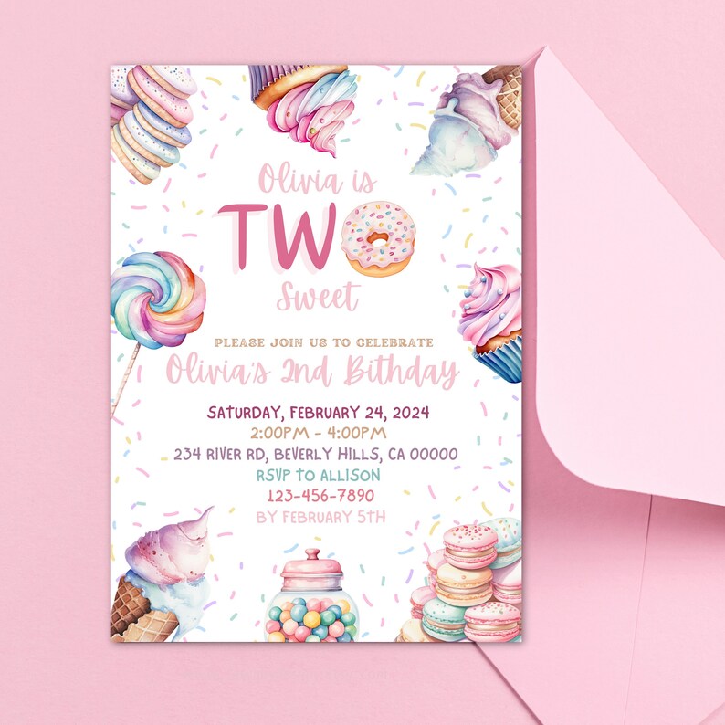 Editable Two Sweet Invitation, Pastel Sweets Birthday Invitation, Candy ...