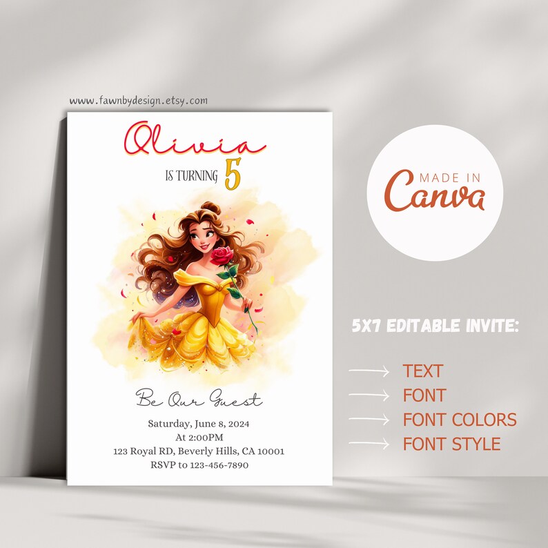 Editable Belle Birthday Invitation, Beauty and the Beast Invitation ...