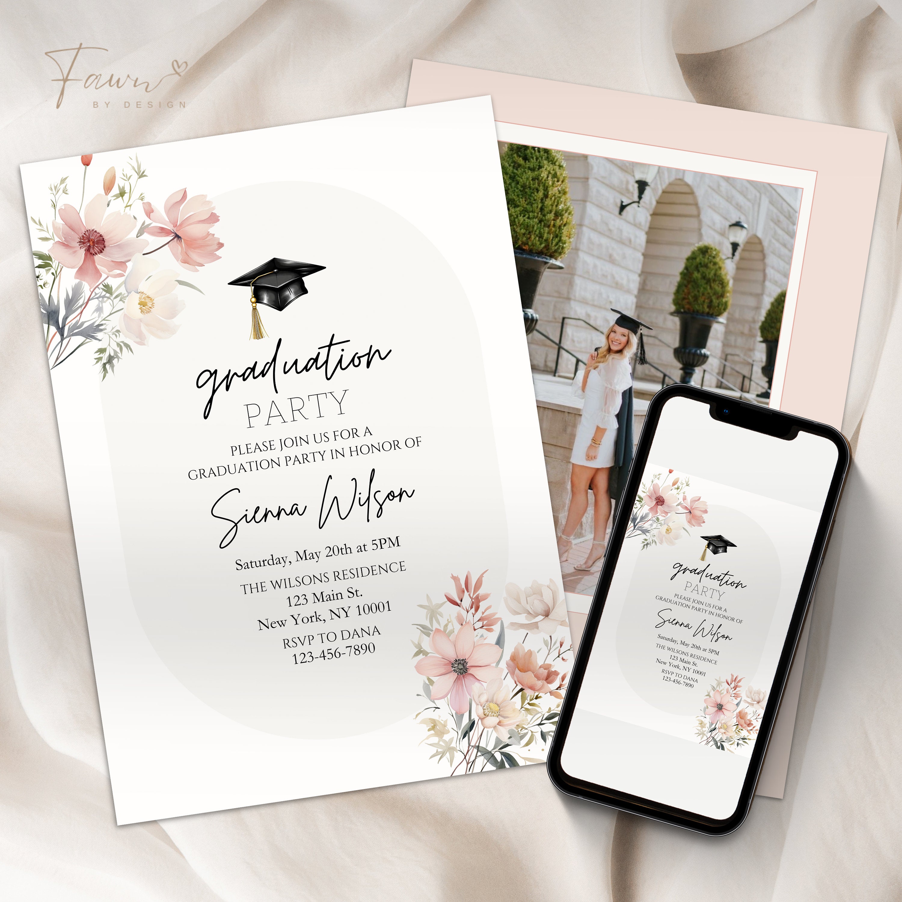 Editable Soft Floral Graduation Invitation, Graduation Announcement ...