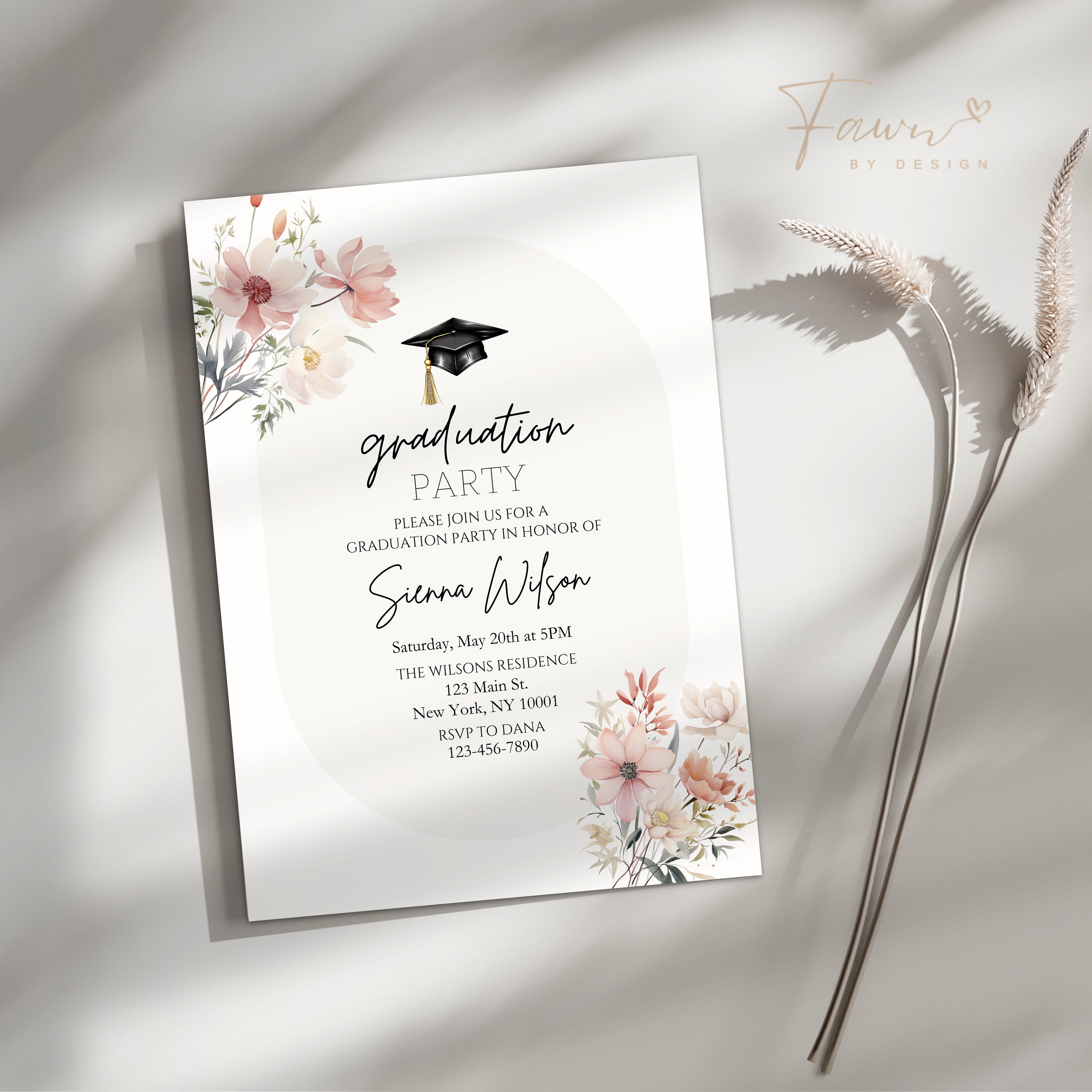 Editable Soft Floral Graduation Invitation, Graduation Announcement ...