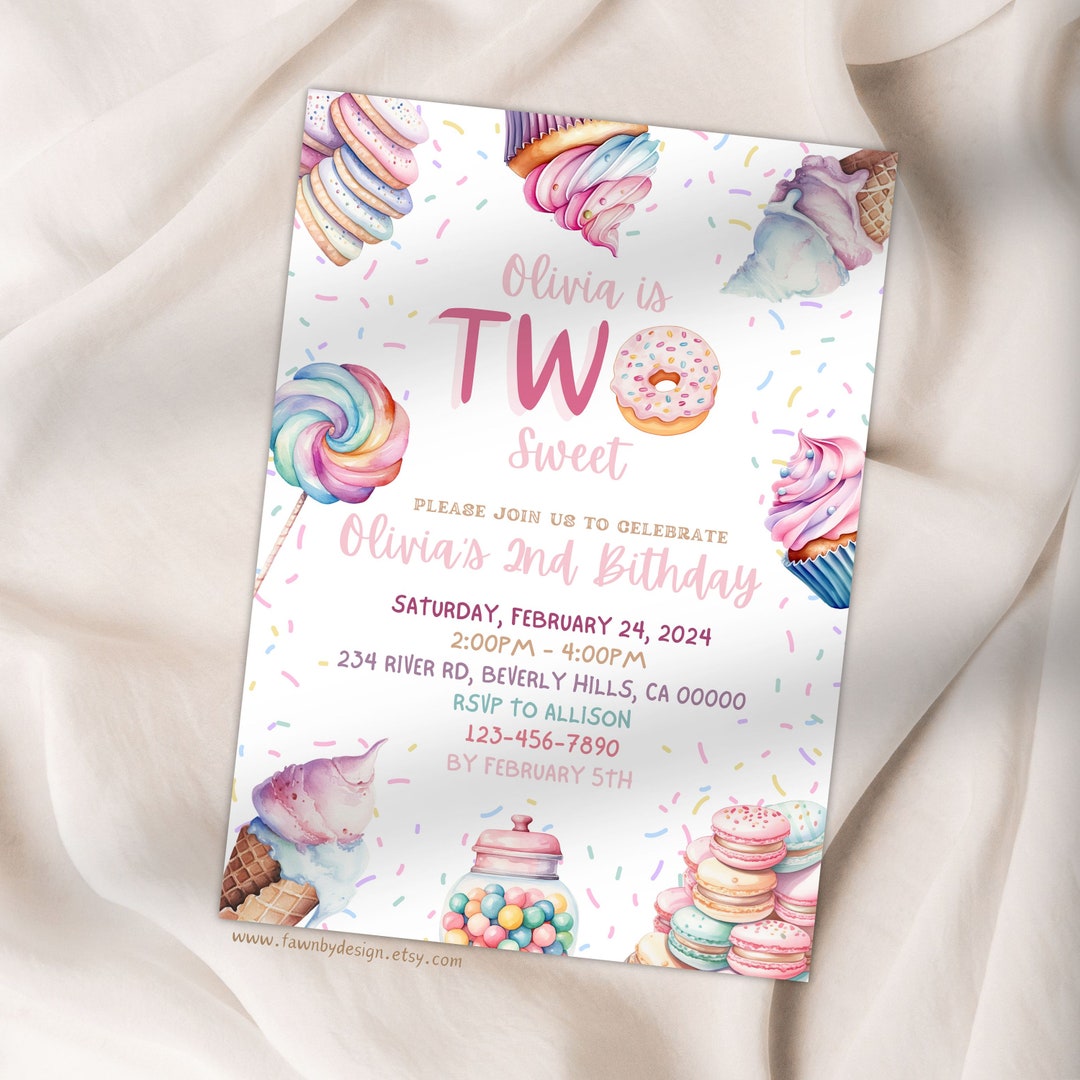 Editable Two Sweet Invitation, Pastel Sweets Birthday Invitation, Candy ...