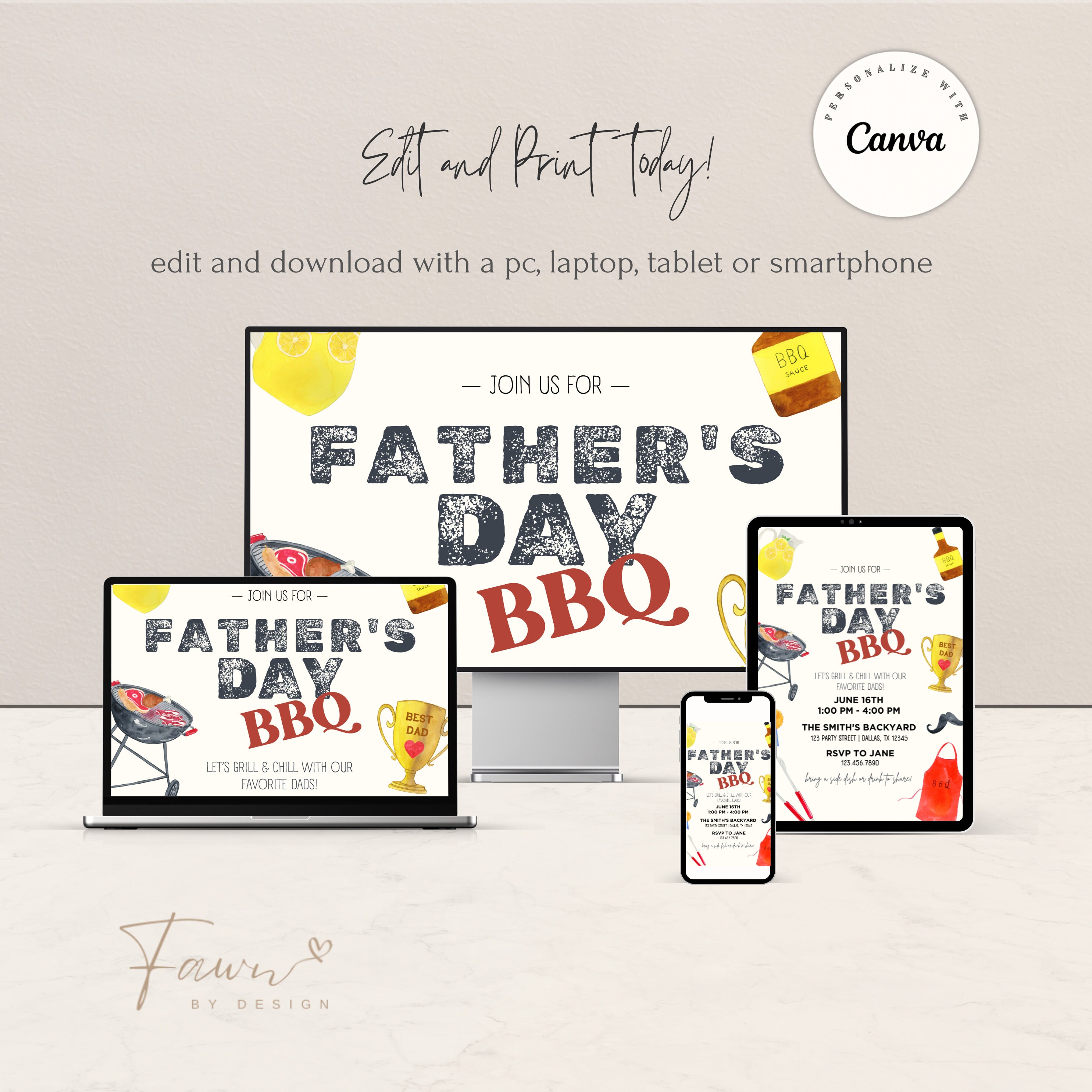 Editable Father's Day BBQ Invitation, Father's Day Cookout, Casual ...