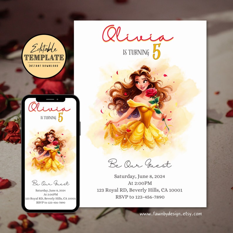 Editable Belle Birthday Invitation, Beauty and the Beast Invitation ...