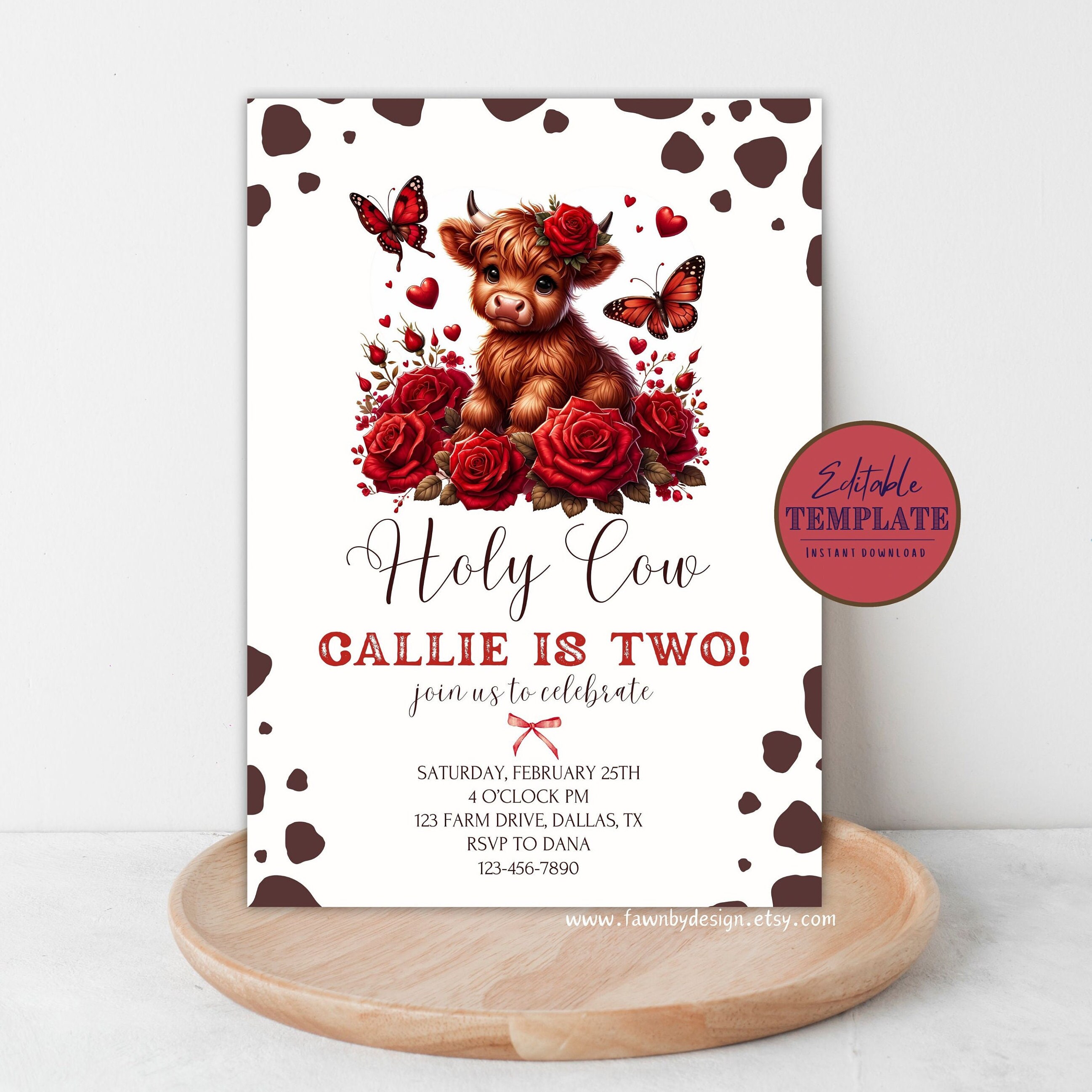 Editable Cow Birthday Invitation. Holy Cow I'm Two. Little Cow. Floral ...