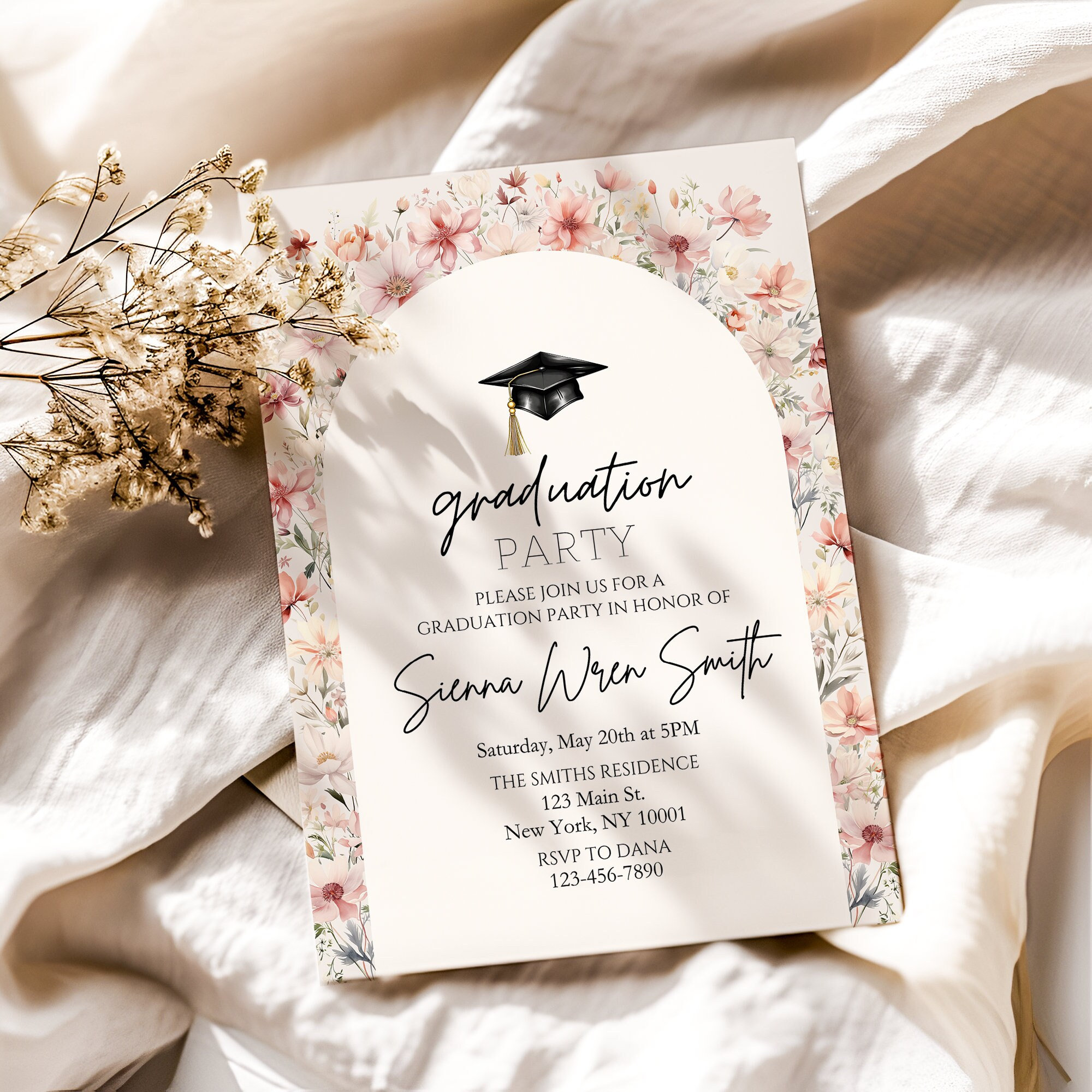 Editable Pink Floral Graduation Invitation, Floral Graduation ...