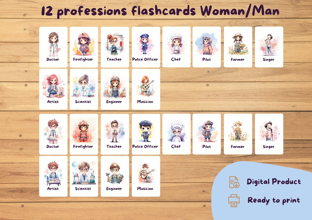 12 Professions Flash Cards Homeschool Printables Women/men Professions ...