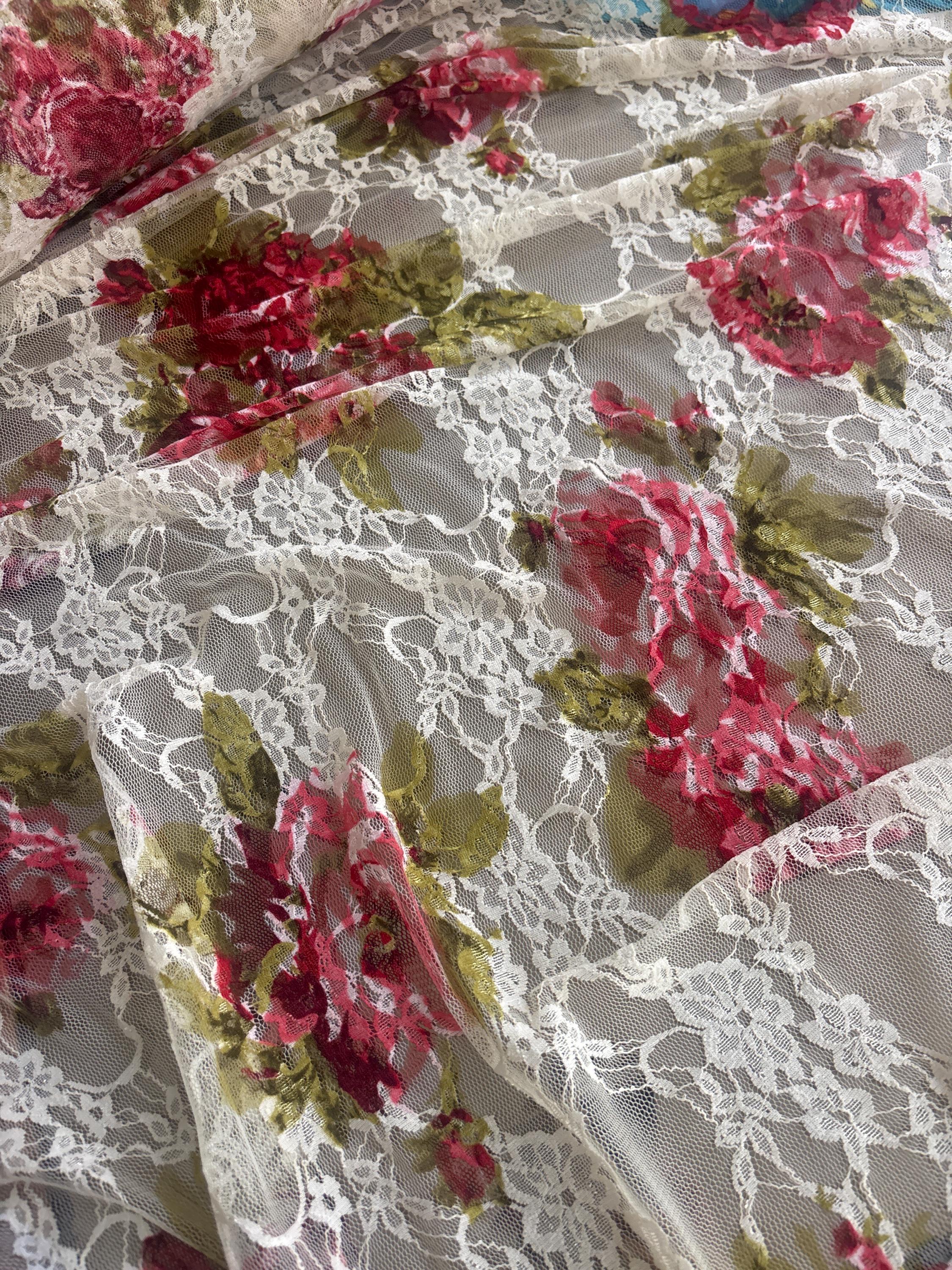 Floral Stretch Lace Deadstock - Fabric by the Yard - White & Pink ...