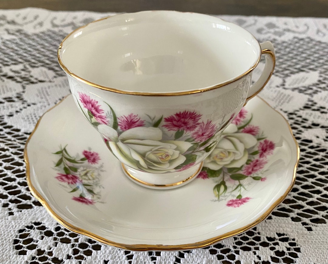Royal Vale Tea Cup & Saucer, White Rose Pink Floral Bone China England ...