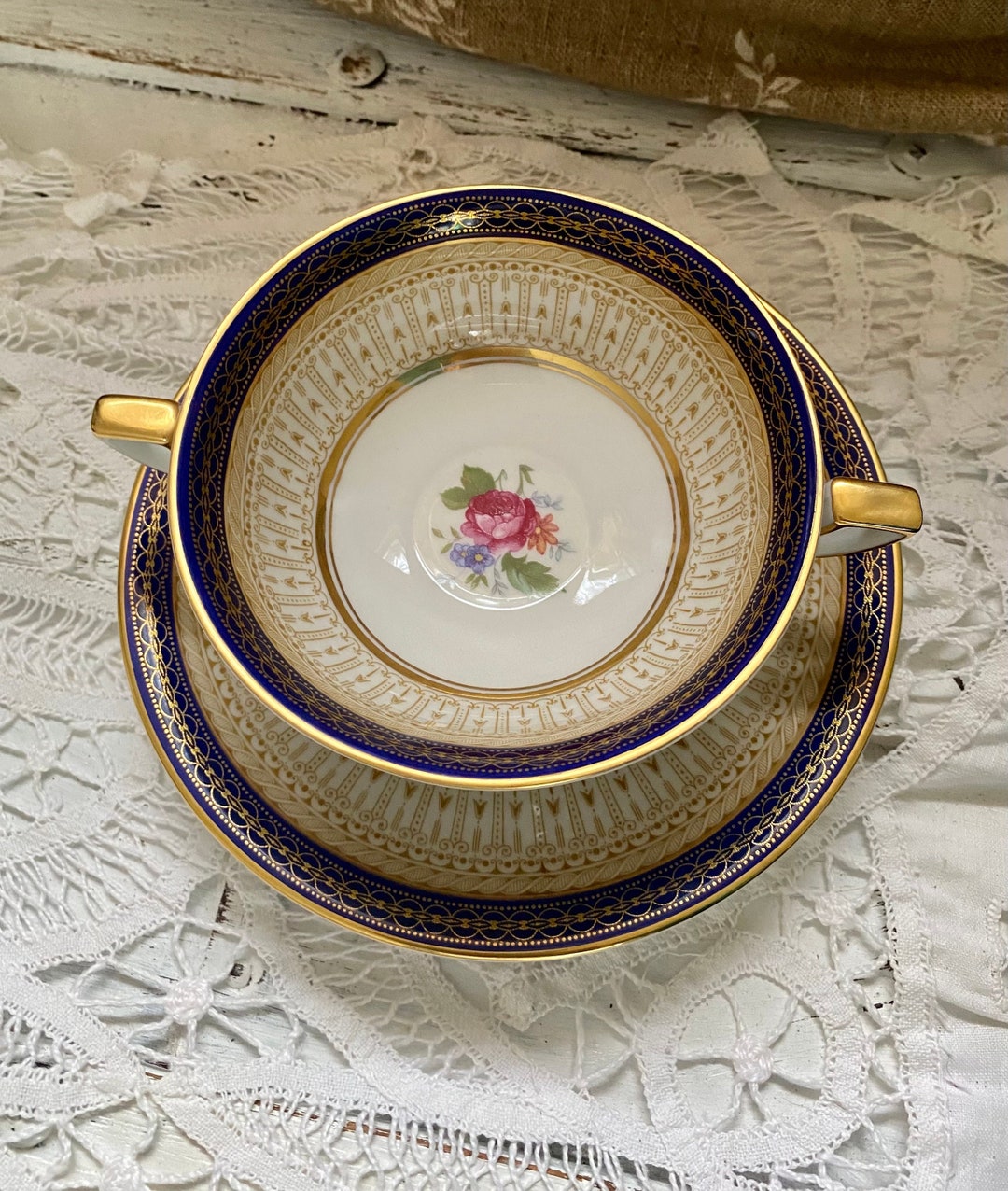 Royal Bayreuth Avon Blue, Royal Blue and Gold Floral Bouillon Cup, Soup ...