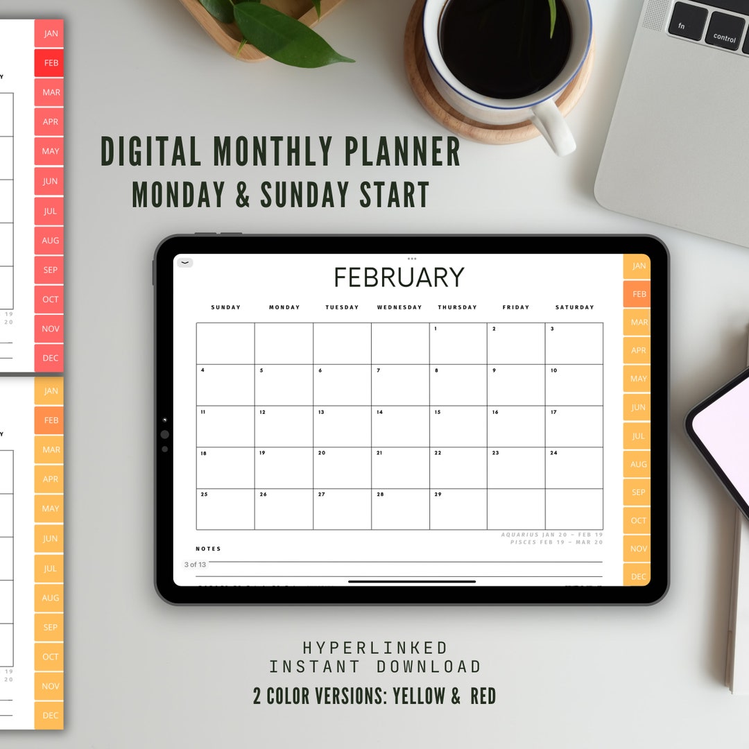 Digital Monthly Planner Yellow & Red, Monday and Sunday Start, 2024 ...