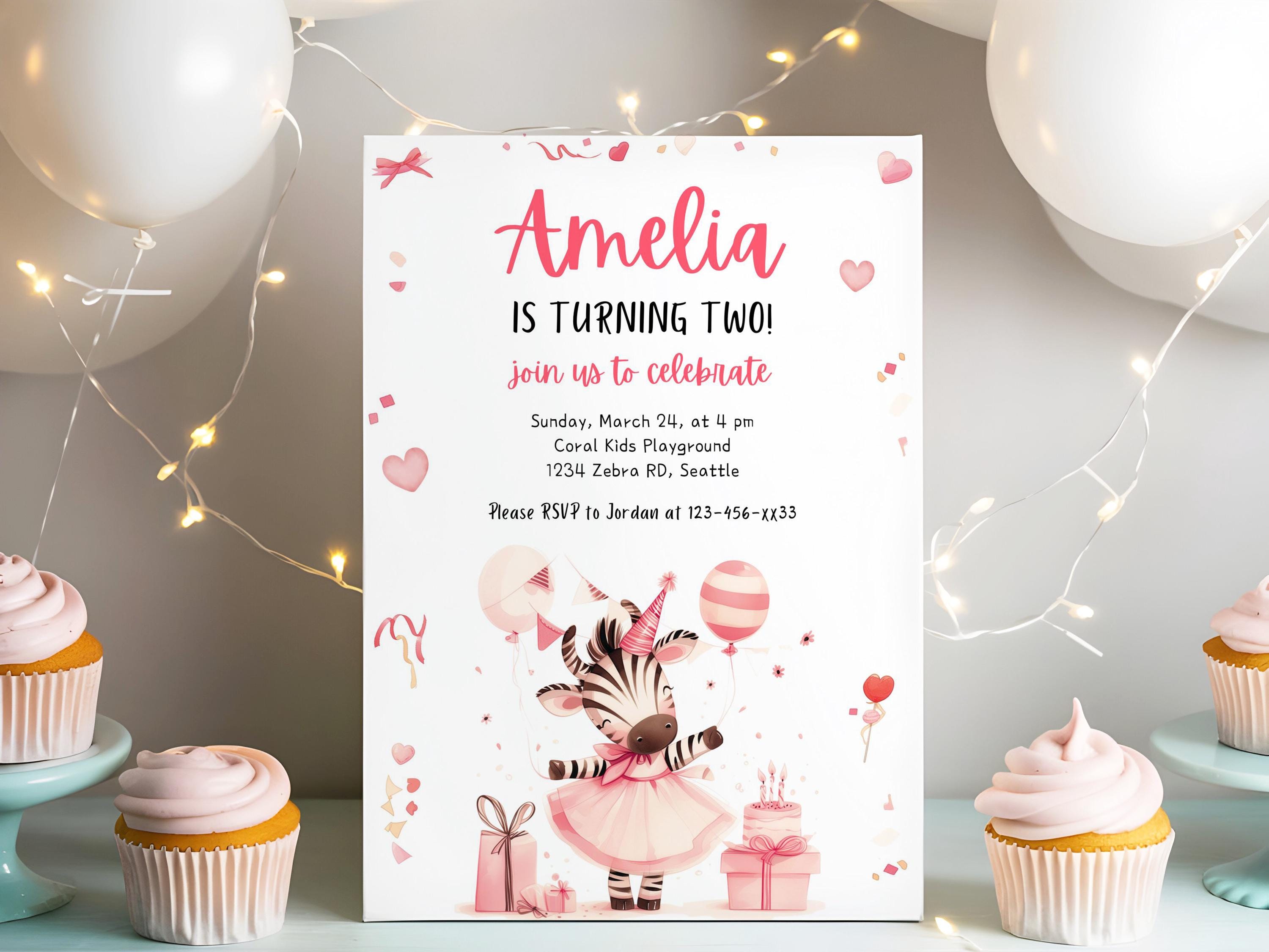 Zebra Birthday Invitation, Canva Birthday Invitation, Pink, Coral ...