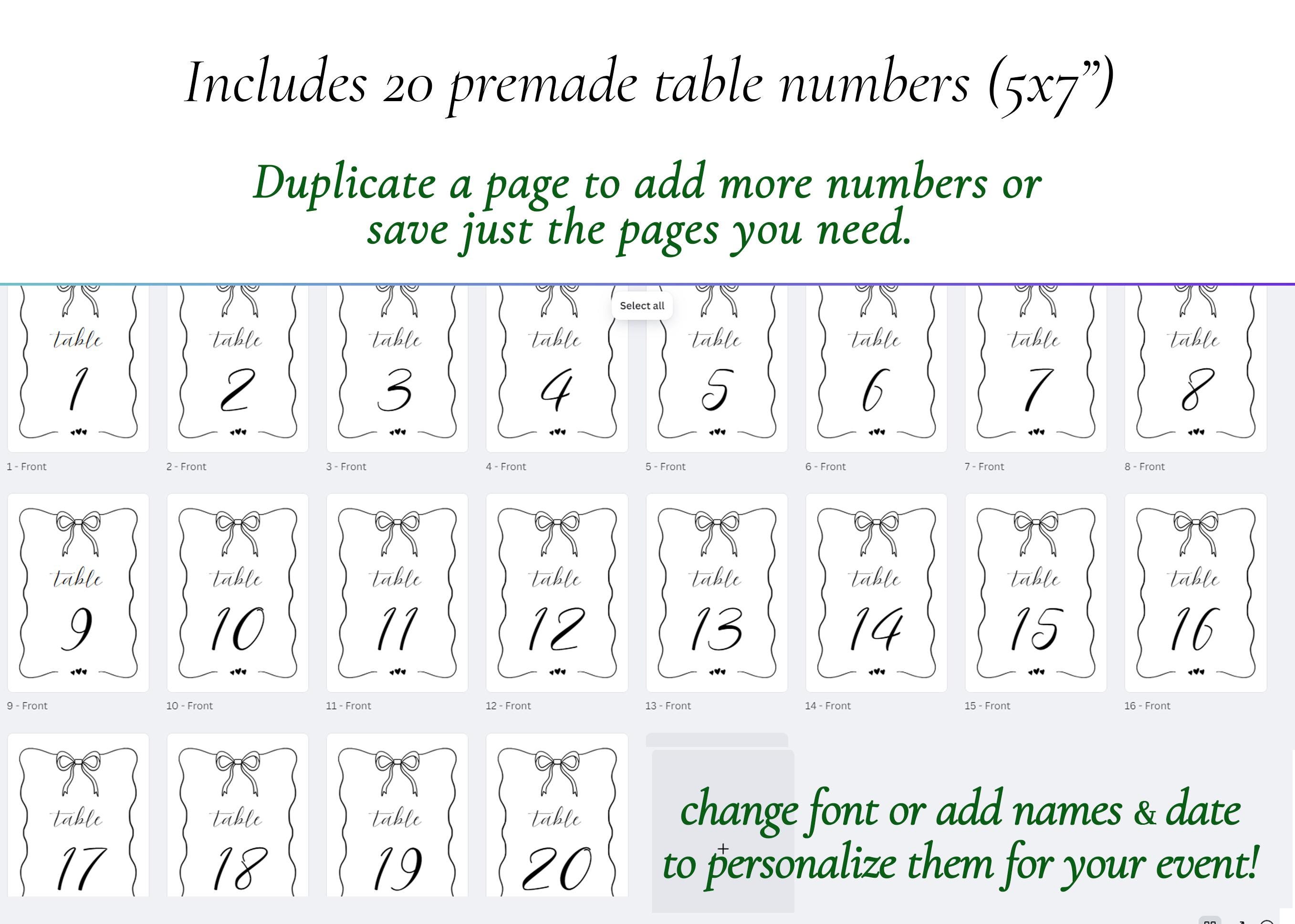 Coquette Table Numbers Canva Template Bow Table Numbers DIY Table ...