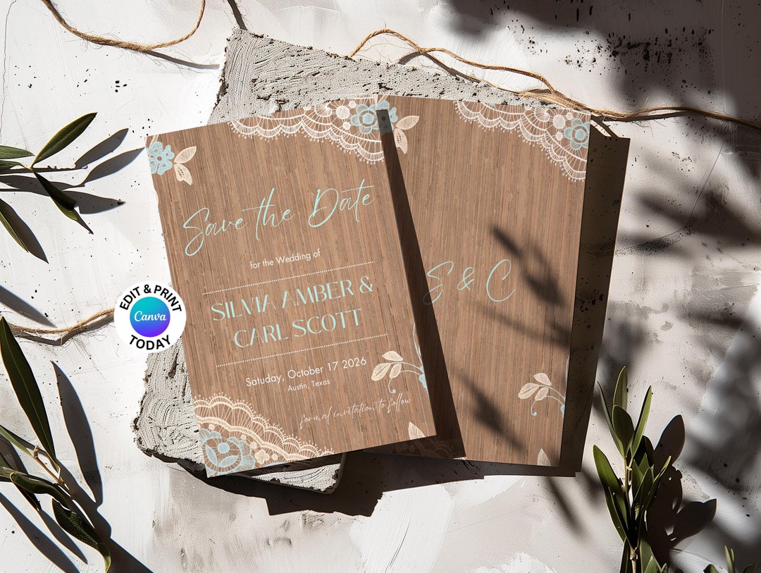 Rustic Save the Date Canva Invitation Template 5x7 Editable Mint Blue ...