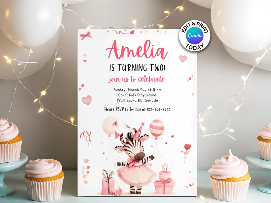 Zebra Birthday Invitation, Canva Birthday Invitation, Pink, Coral ...