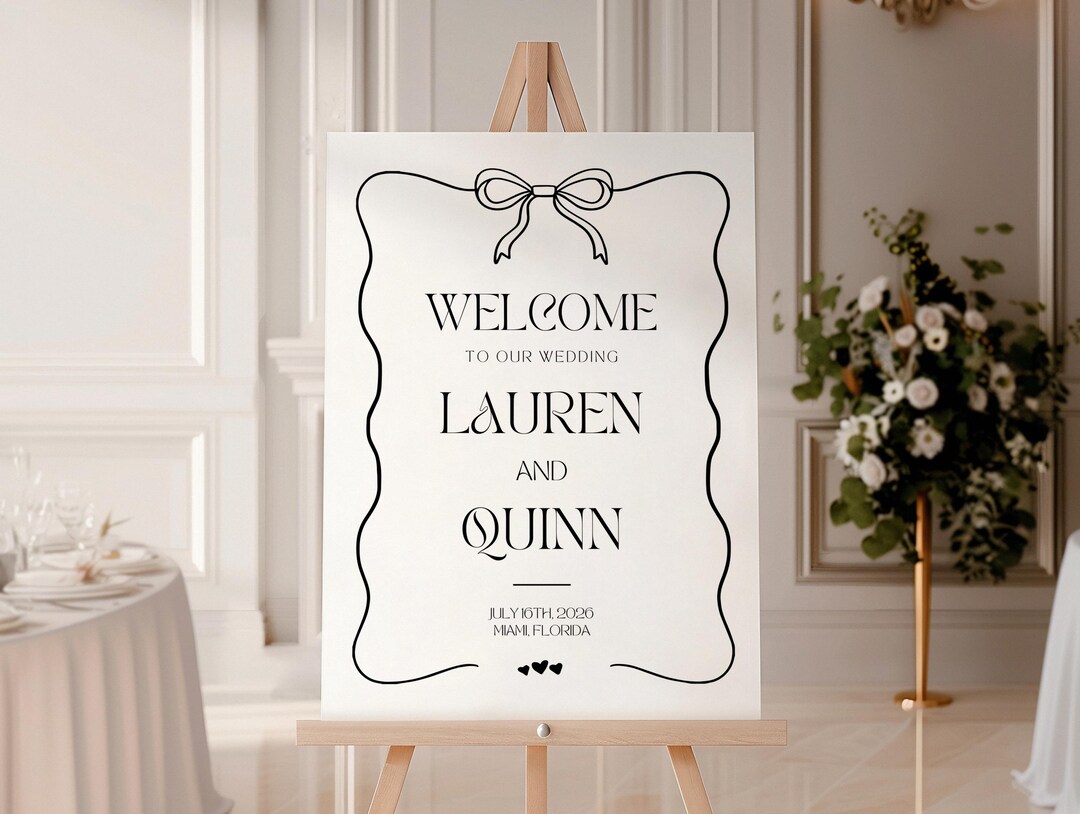 Coquette Welcome Sign Canva Template Wavy Wedding Welcome Sign Bow ...