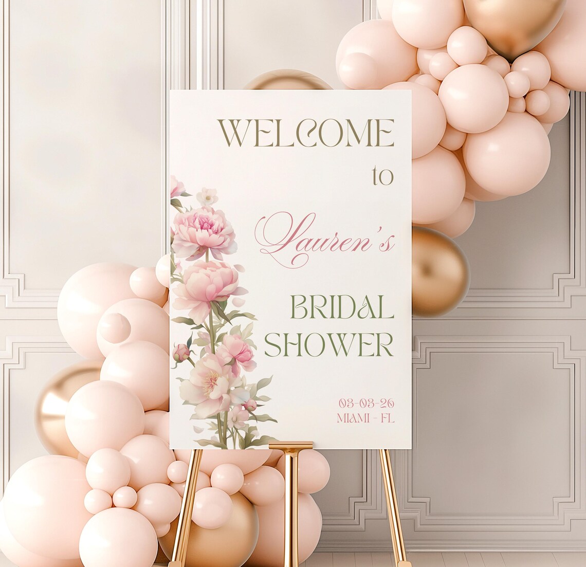 Pink Peonies Welcome Sign Canva Template Bridal Shower Welcome Sign ...
