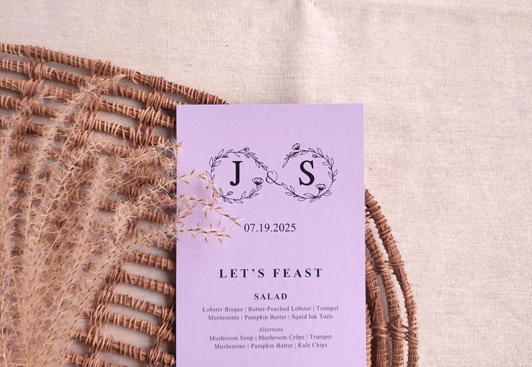 Lavender Menu PRINTED Wedding Menu Elegant Lavender Wedding Menus ...