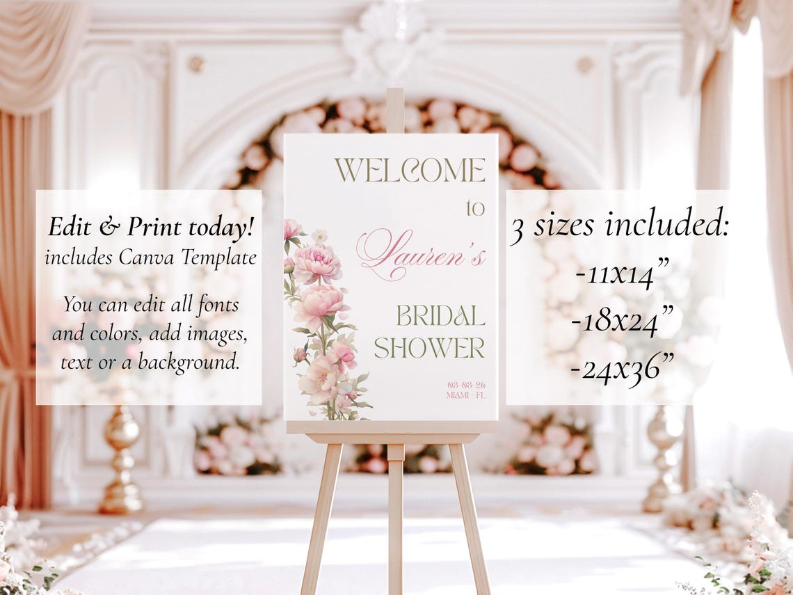 Pink Peonies Welcome Sign Canva Template Bridal Shower Welcome Sign ...