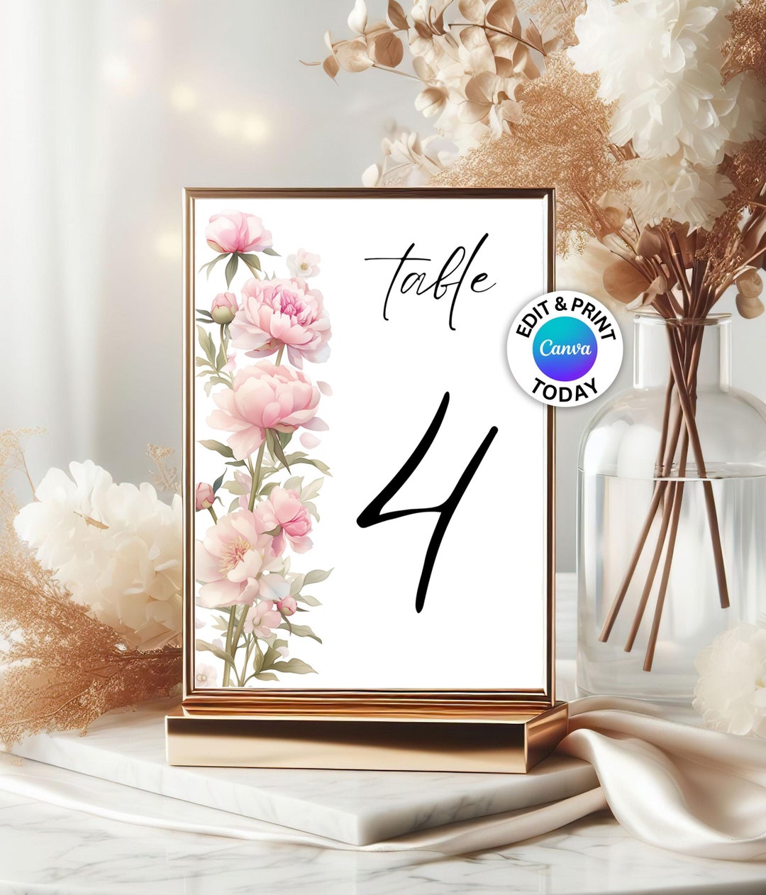 Pink Peonies Table Numbers Canva Template Pink Peony Table Numbers DIY ...
