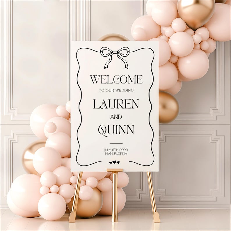 Coquette Welcome Sign Canva Template Wavy Wedding Welcome Sign Bow ...