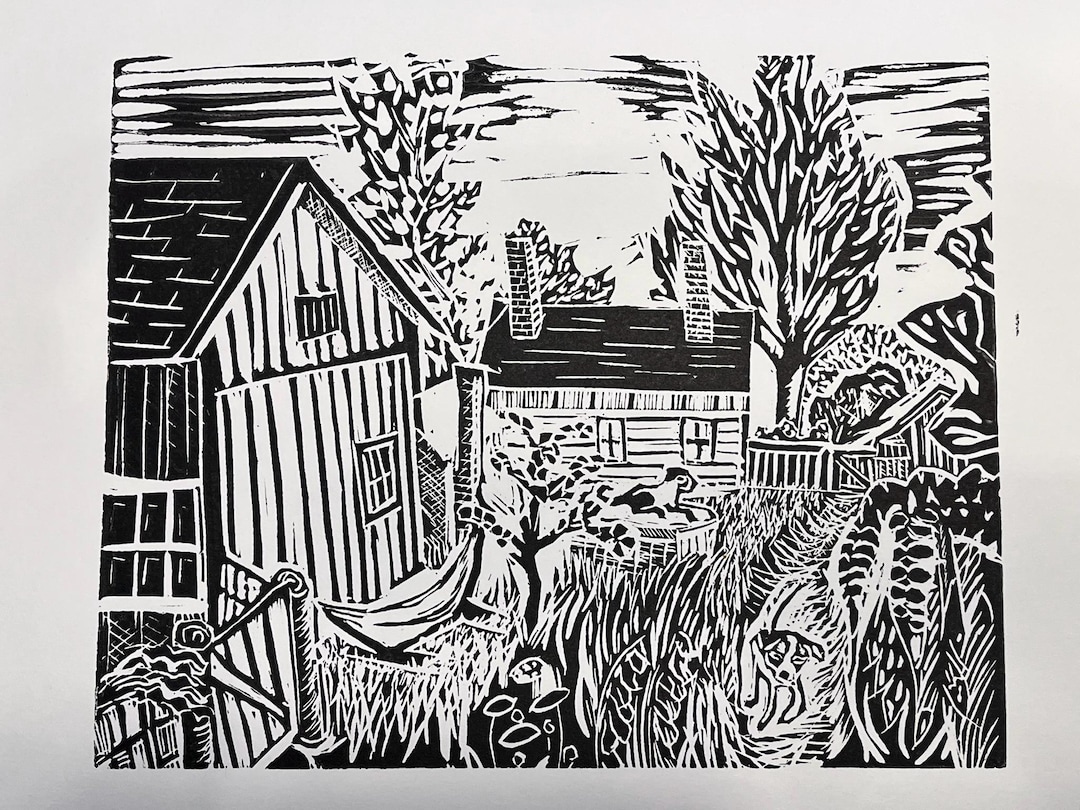 Summer Backyard Country Scene Linocut Print - Etsy