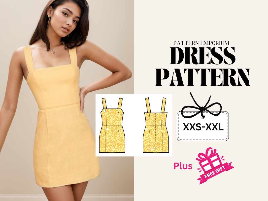 Mini Dress Sewing Pattern, Straight Neckline Dress Pattern, Bustier ...